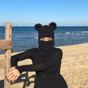 Crochet Knitted Bear Ears Animal Balaclava, Winter Face Mask Balaclava ...