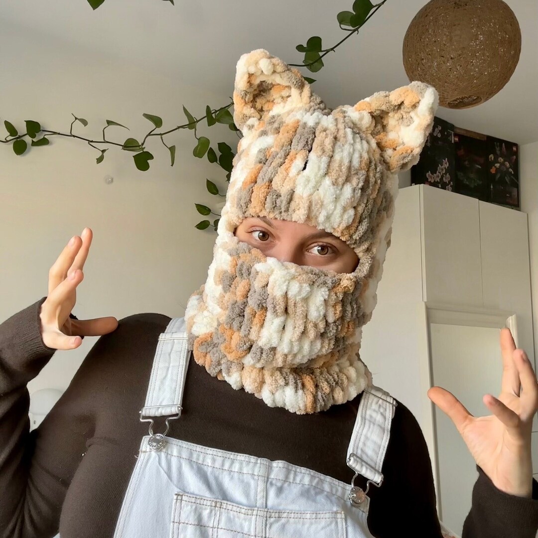 Hand Knitted Crochet Cat Ears Scarf Balaclava & Beanie, Yarn Bunny Ears ...