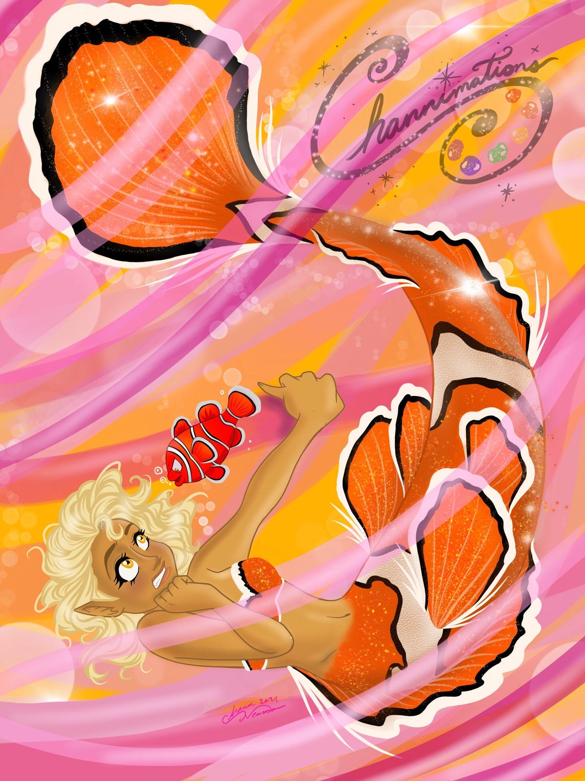 Clownfish Mermaid, Instant Digital Download, Digital Illustration ...