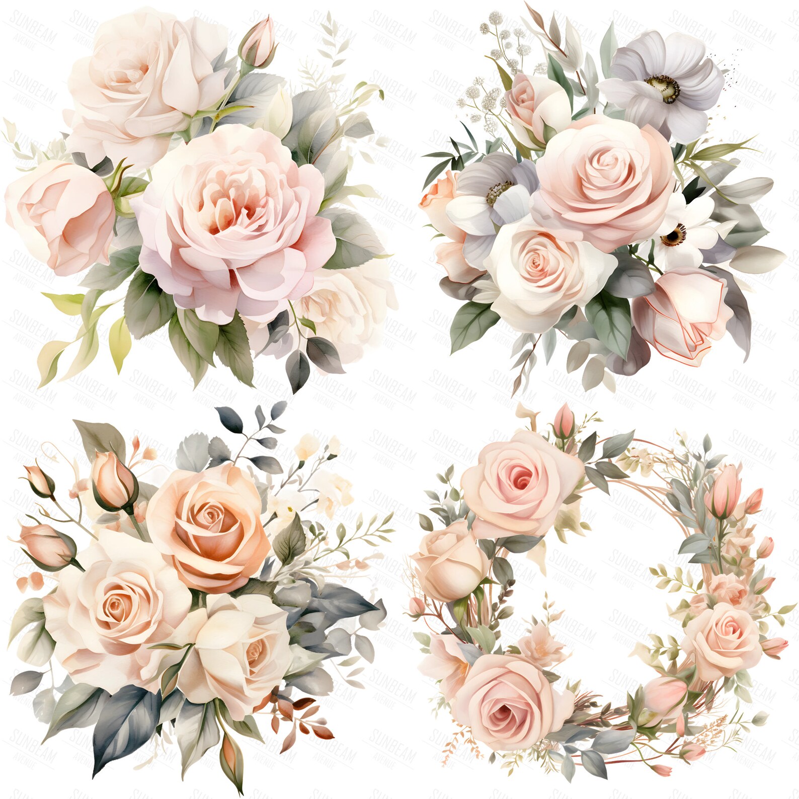 30 Neutral Rose Clipart Bundle, Transparent PNG, Flower Bouquets ...