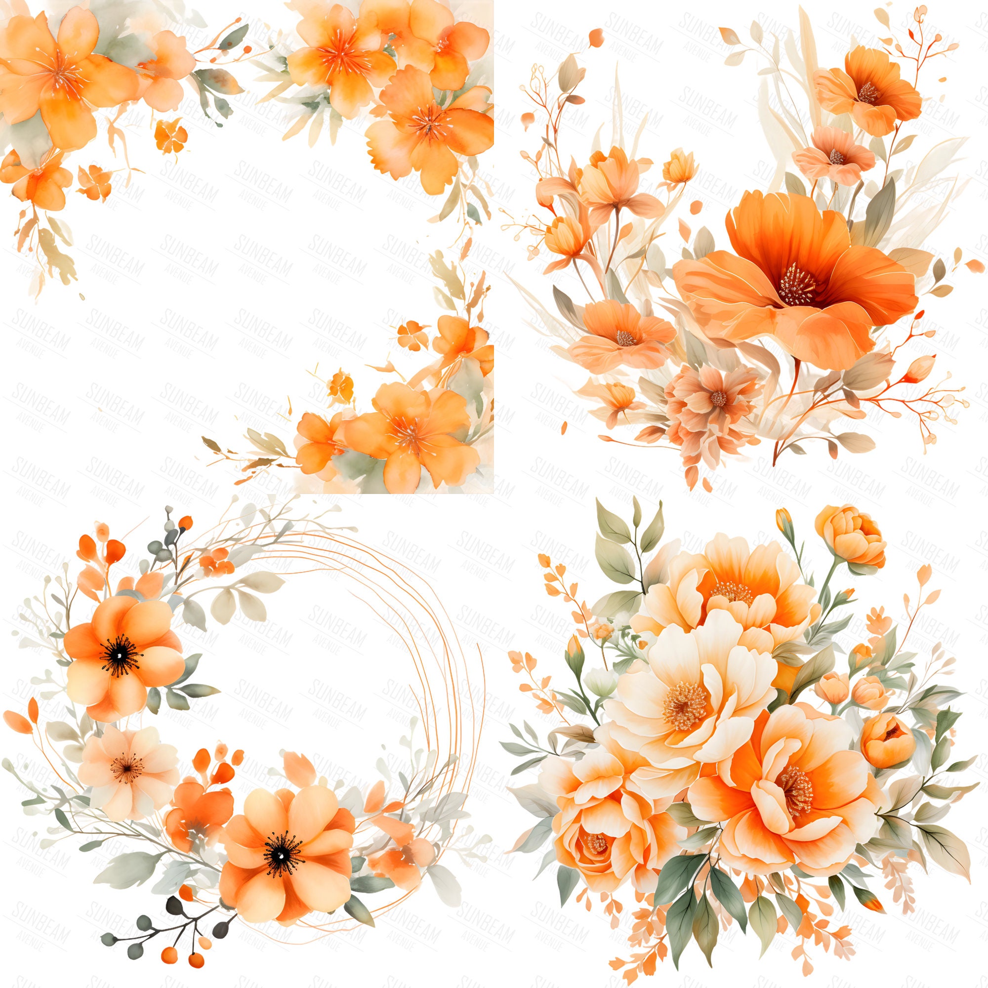 41 orangefarbene Blumen Clipart Bundle, transparente PNG, Blumensträuße ...