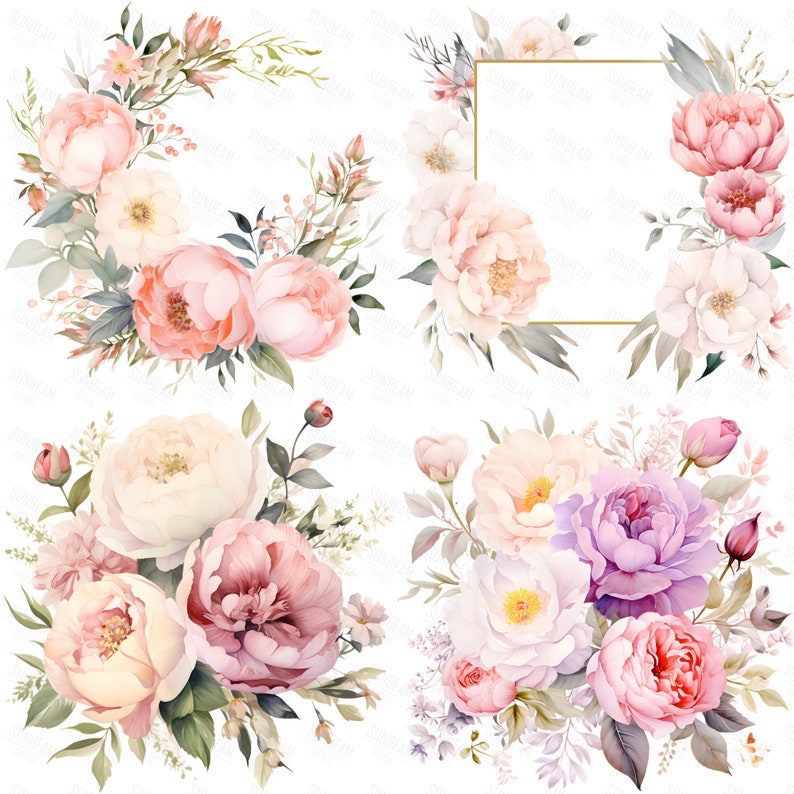 29 Roses et pivoines fleurs Clipart Bundle, PNG transparent, bouquets ...