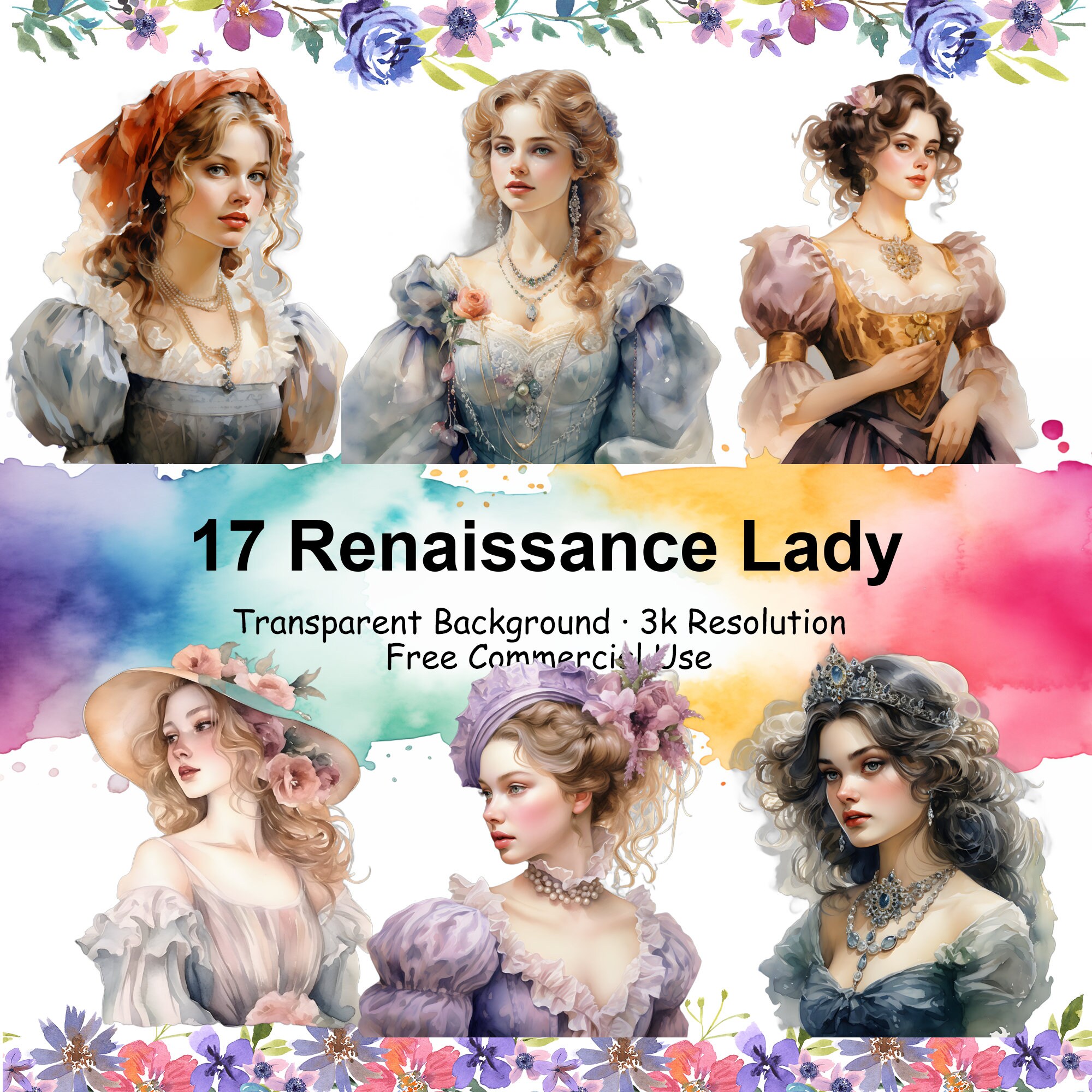 Set of 17 Renaissance Lady Vintage Watercolor Clipart Bundle - Etsy