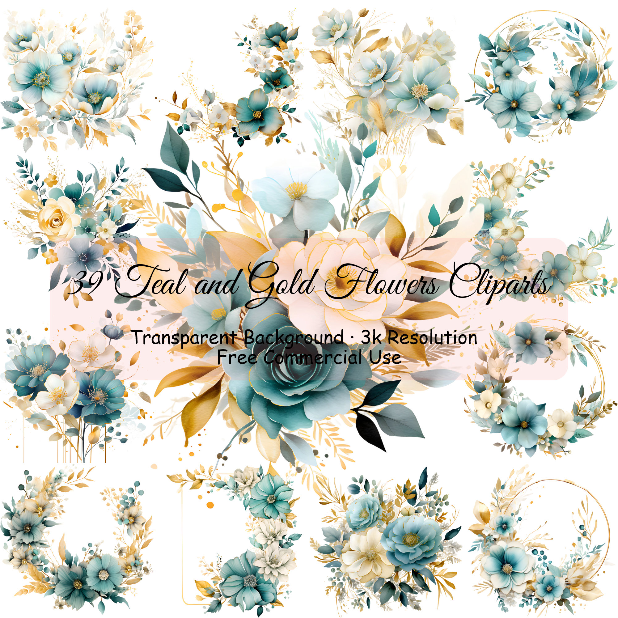 39 Teal and Gold Flowers Clipart Bundle, Transparent PNG, Flower ...