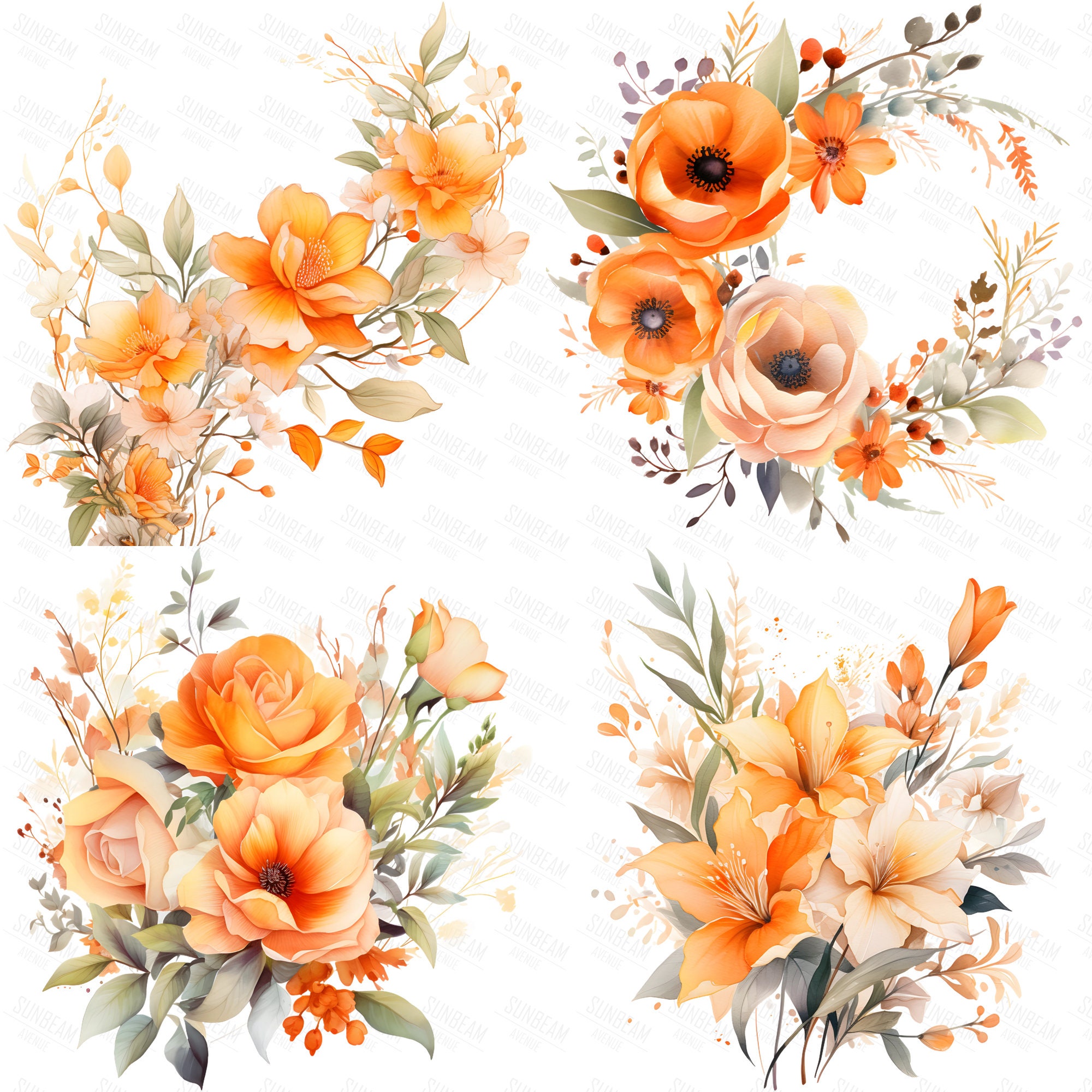 41 orangefarbene Blumen Clipart Bundle, transparente PNG, Blumensträuße ...