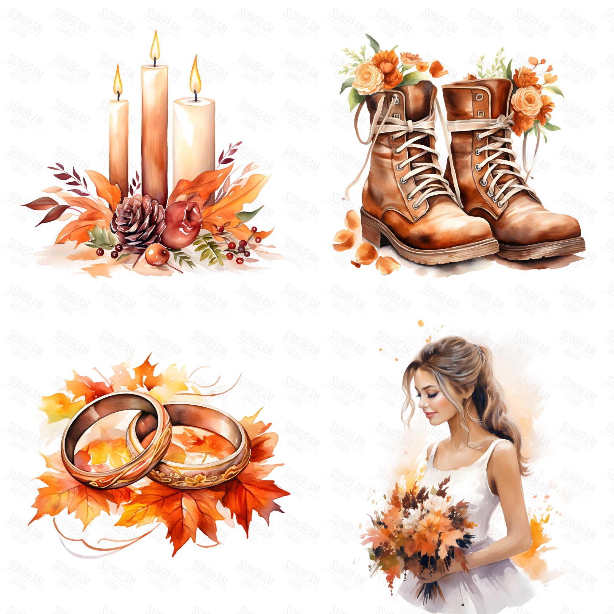 Set of 63 Fall Wedding Clipart Bundle Watercolor Transparent - Etsy