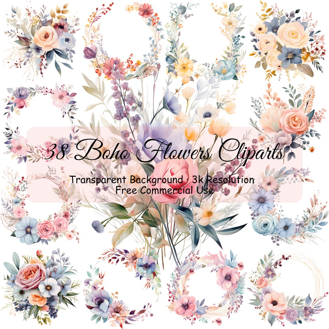 38 Boho Flowers Clipart Bundle, Transparent PNG, Flower Bouquets ...