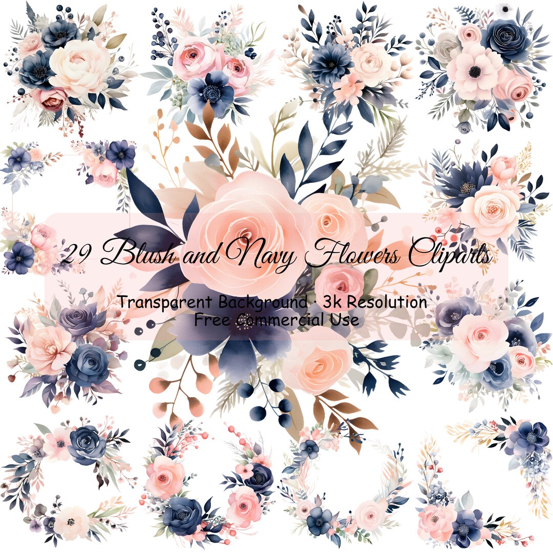 29 Blush and Navy Flowers Clipart Bundle, Transparent PNG, Flower ...