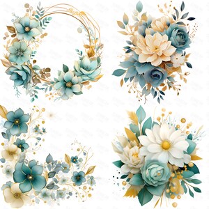 39 Teal and Gold Flowers Clipart Bundle, Transparent PNG, Flower ...