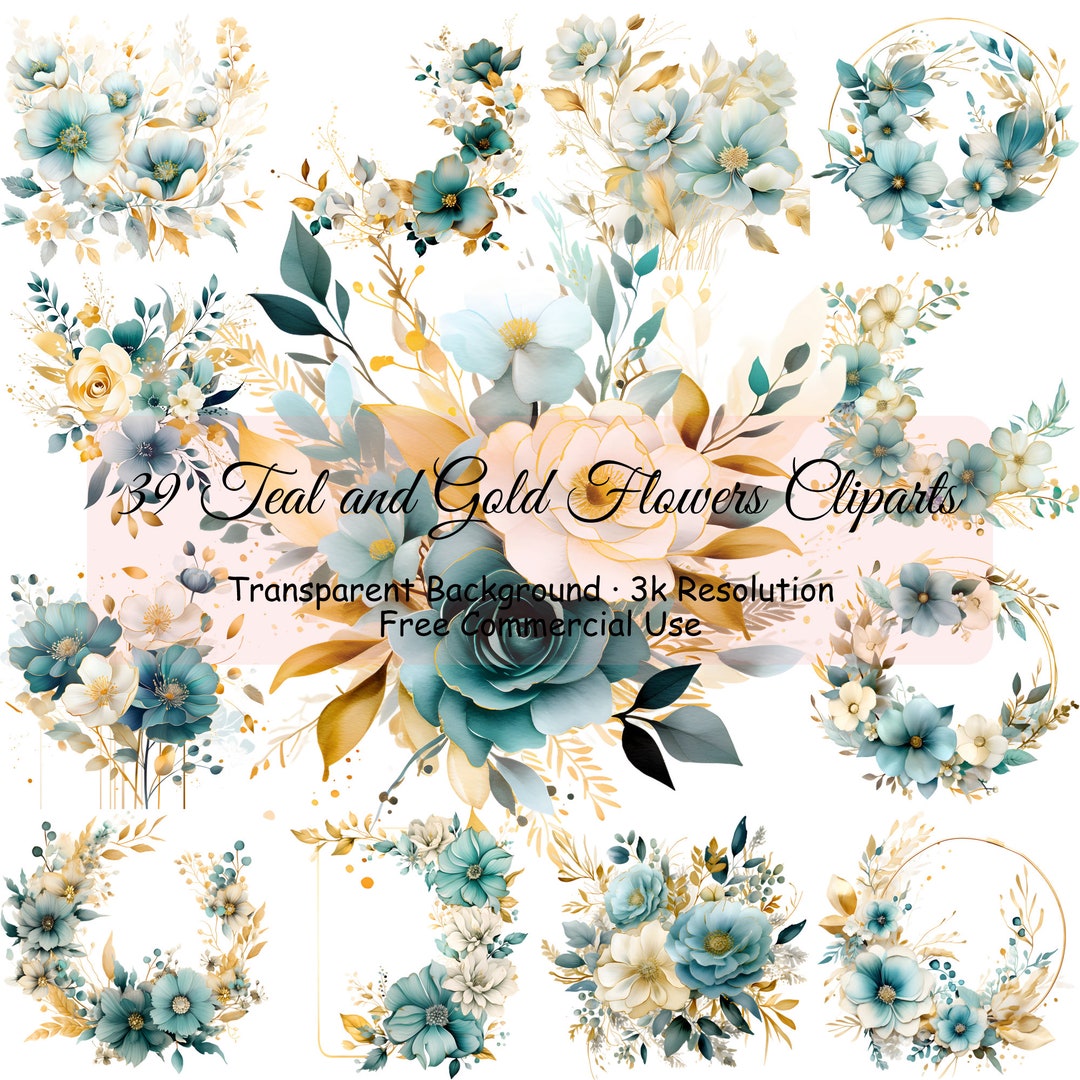 39 Teal and Gold Flowers Clipart Bundle, Transparent PNG, Flower ...