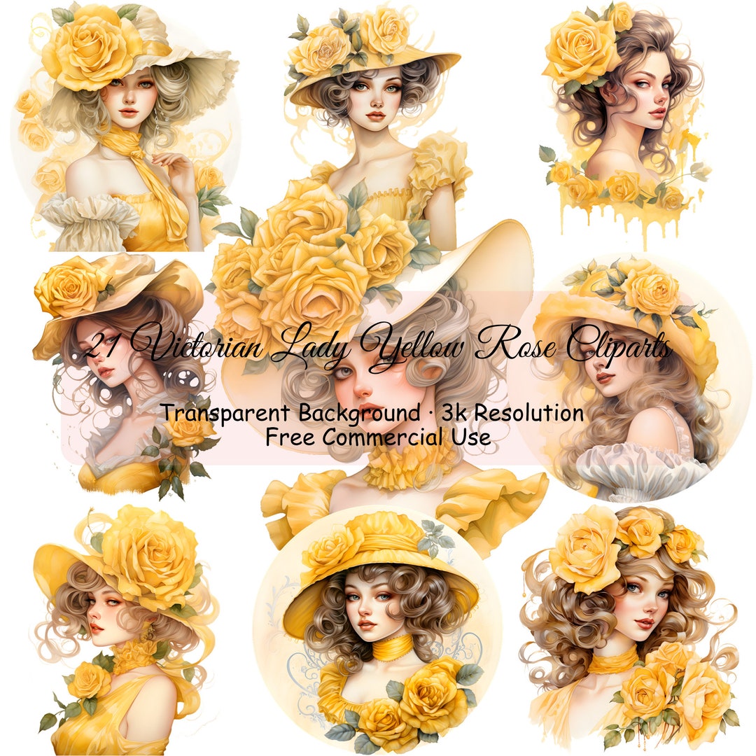 Set of 21 Victorian Lady Yellow Rose Watercolor Clipart Bundle ...