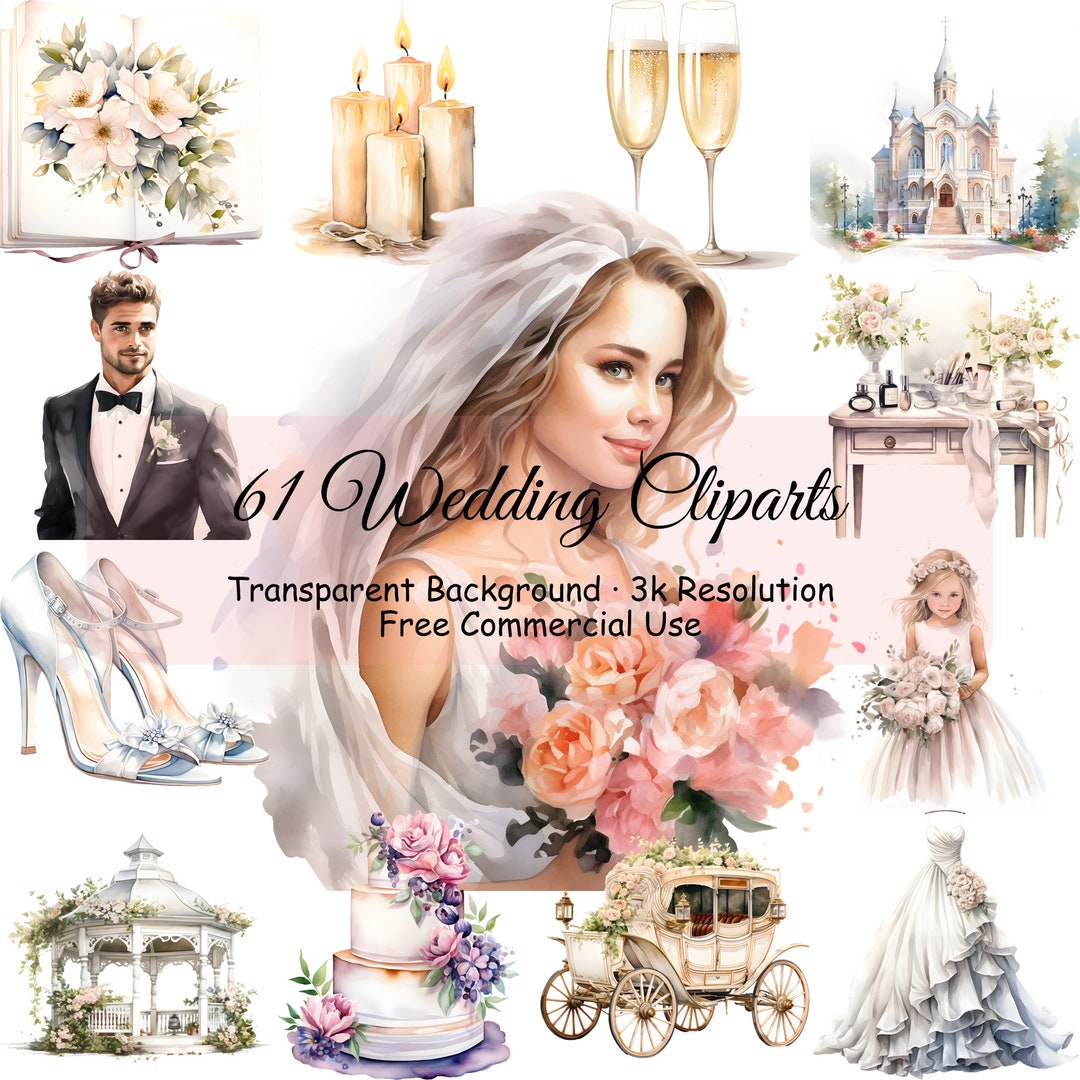 Set of 61 Wedding Clipart Bundle Watercolor, Transparent PNG, Scrapbook ...