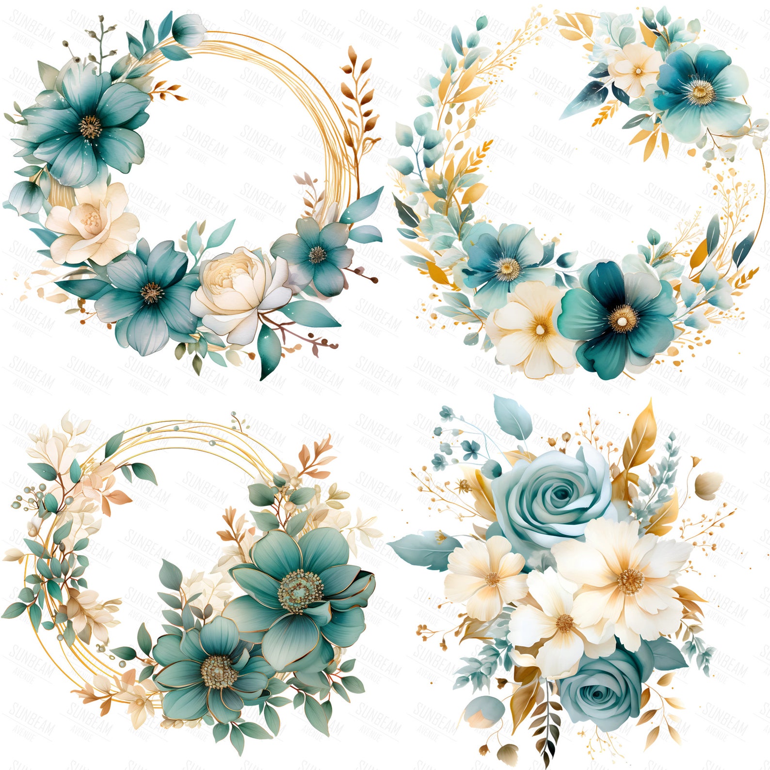 39 Teal and Gold Flowers Clipart Bundle, Transparent PNG, Flower ...