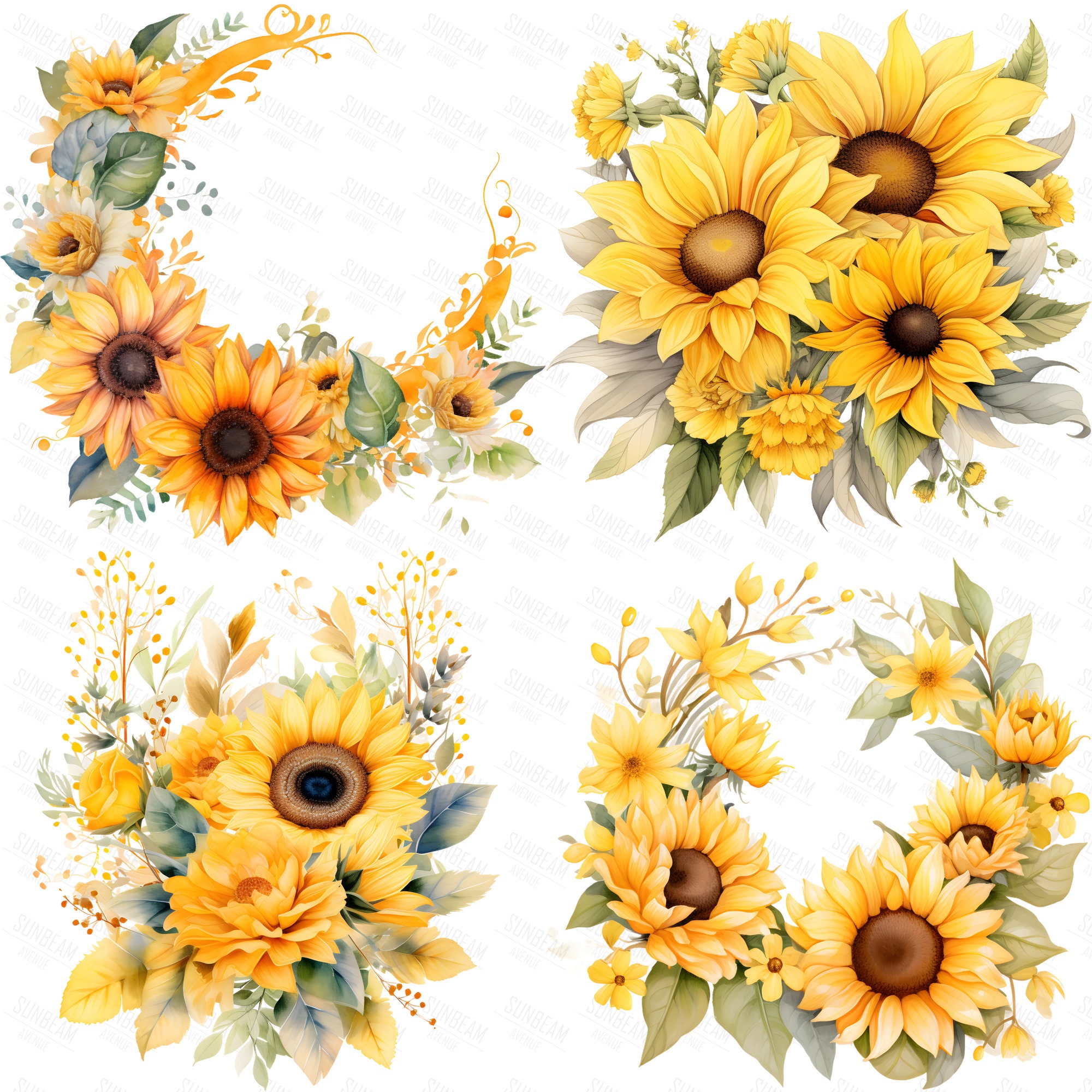 34 Sunflower Clipart Bundle, Transparent PNG, Flower Bouquets, Flower ...
