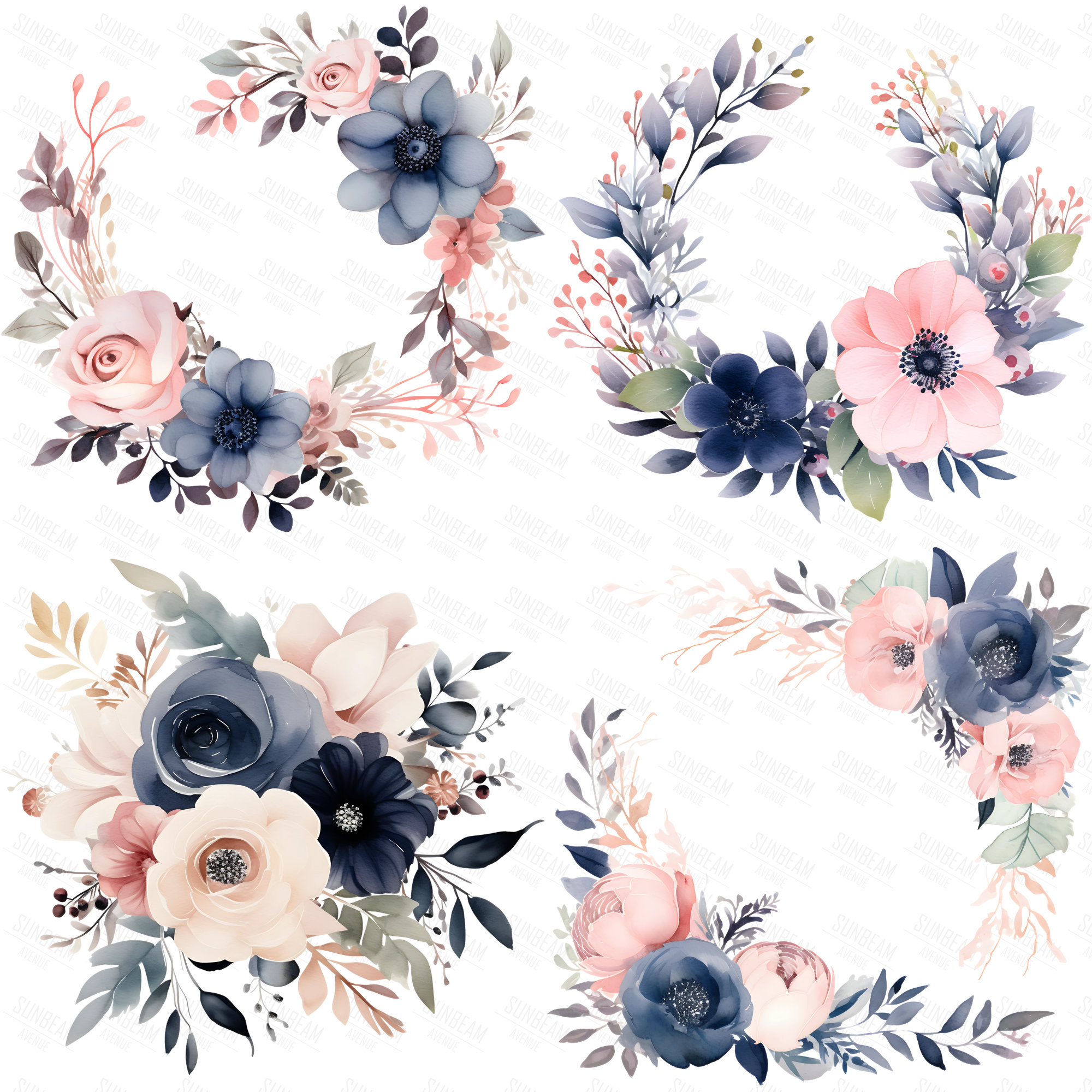 29 Blush and Navy Flowers Clipart Bundle, Transparent PNG, Flower ...
