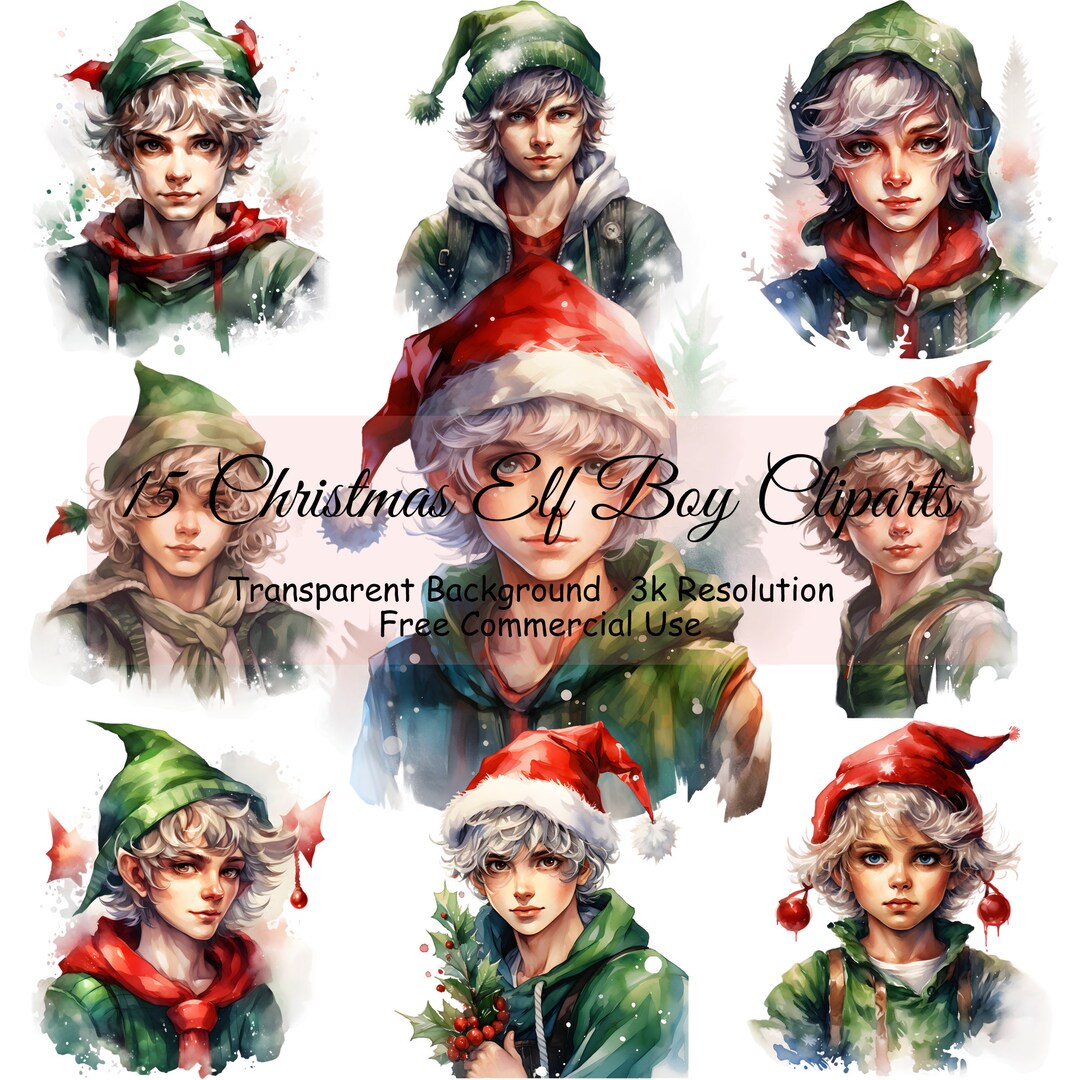 Set of 15 Christmas Elf Boys Watercolor Clipart Bundle, Transparent PNG ...