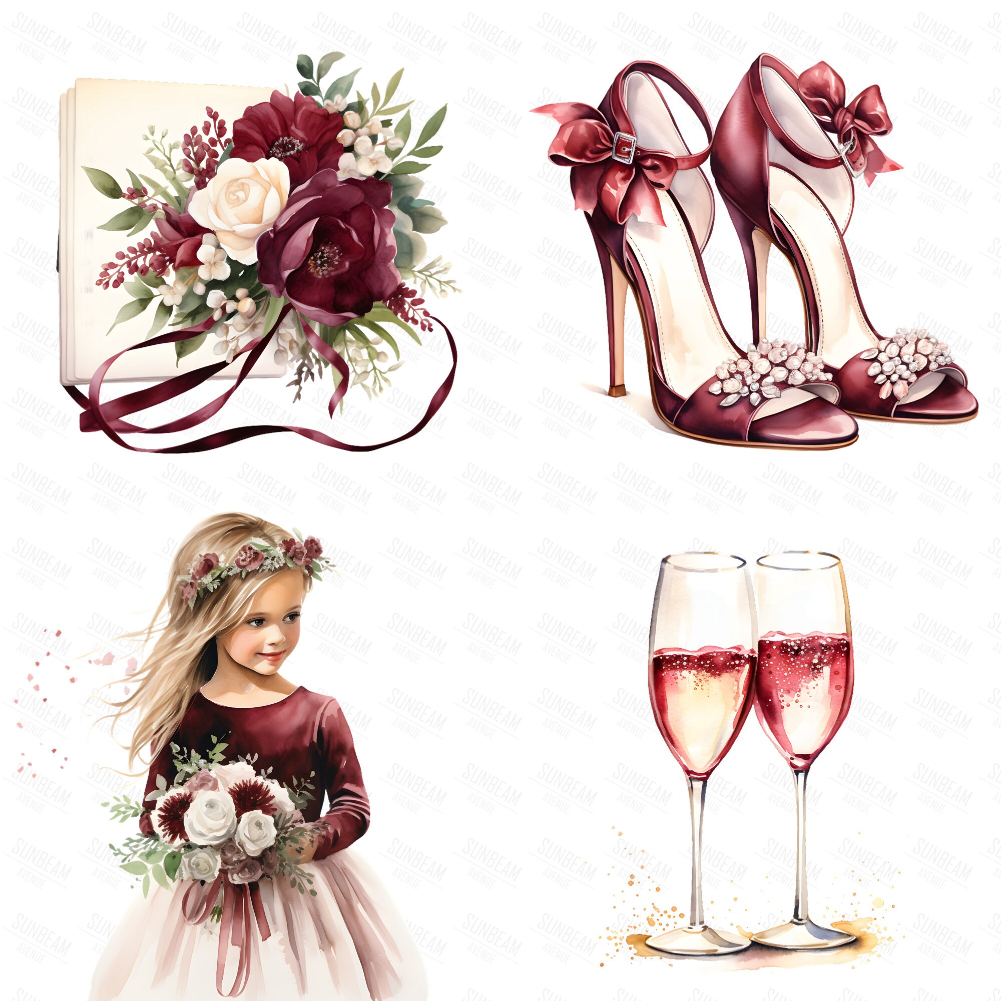 Set of 62 Burgundy Wedding Day Clipart Bundle Watercolor - Etsy