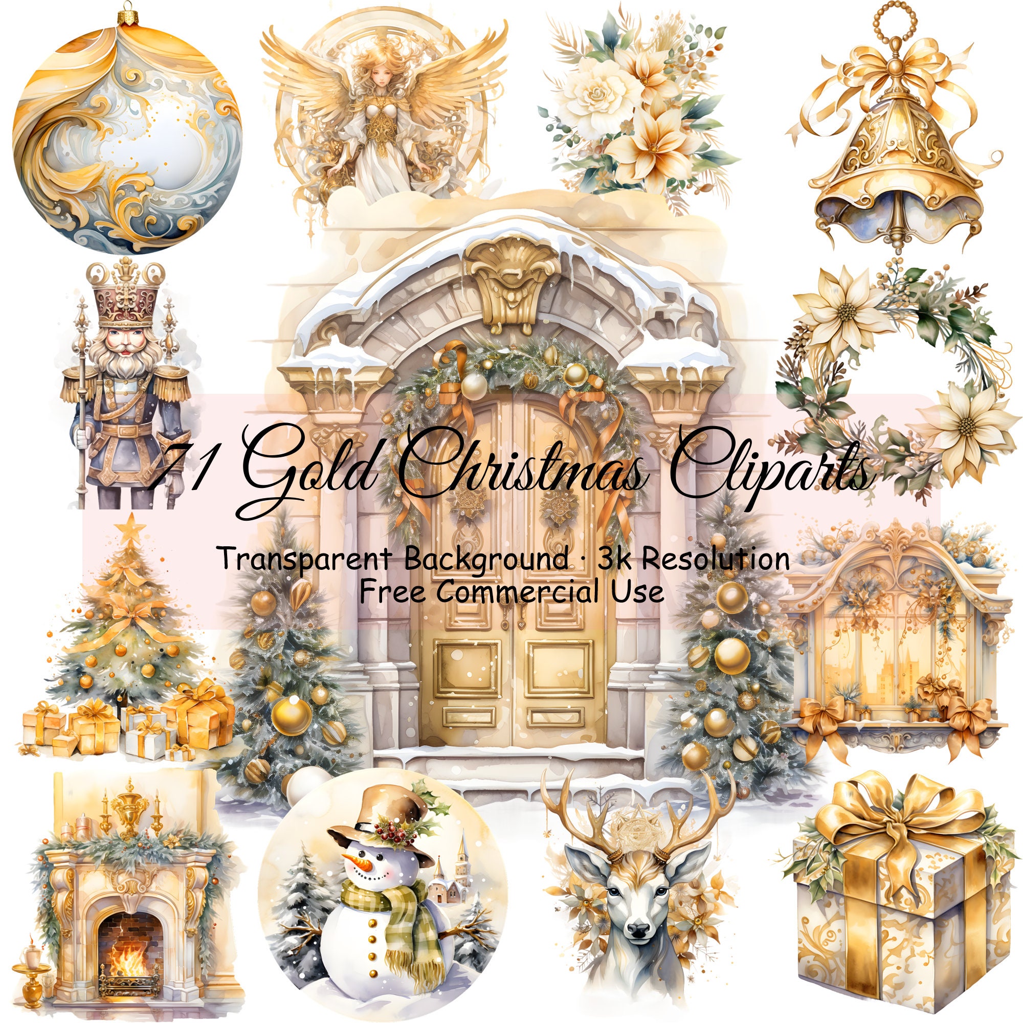 Set of 71 Gold Christmas Clipart Watercolor Bundle, Transparent PNG ...