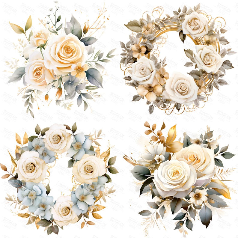 31 White and Gold Rose Clipart Bundle, Transparent PNG, Flower Bouquets ...