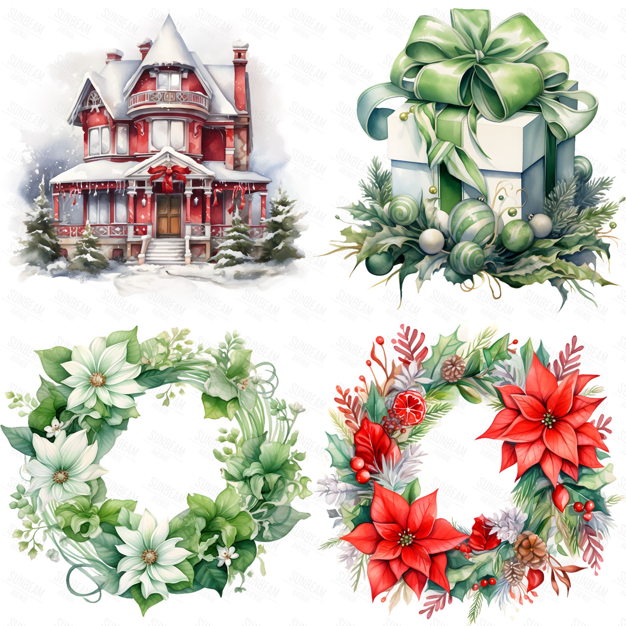 Set of 144 Red and Green Christmas Clipart Watercolor Bundle ...