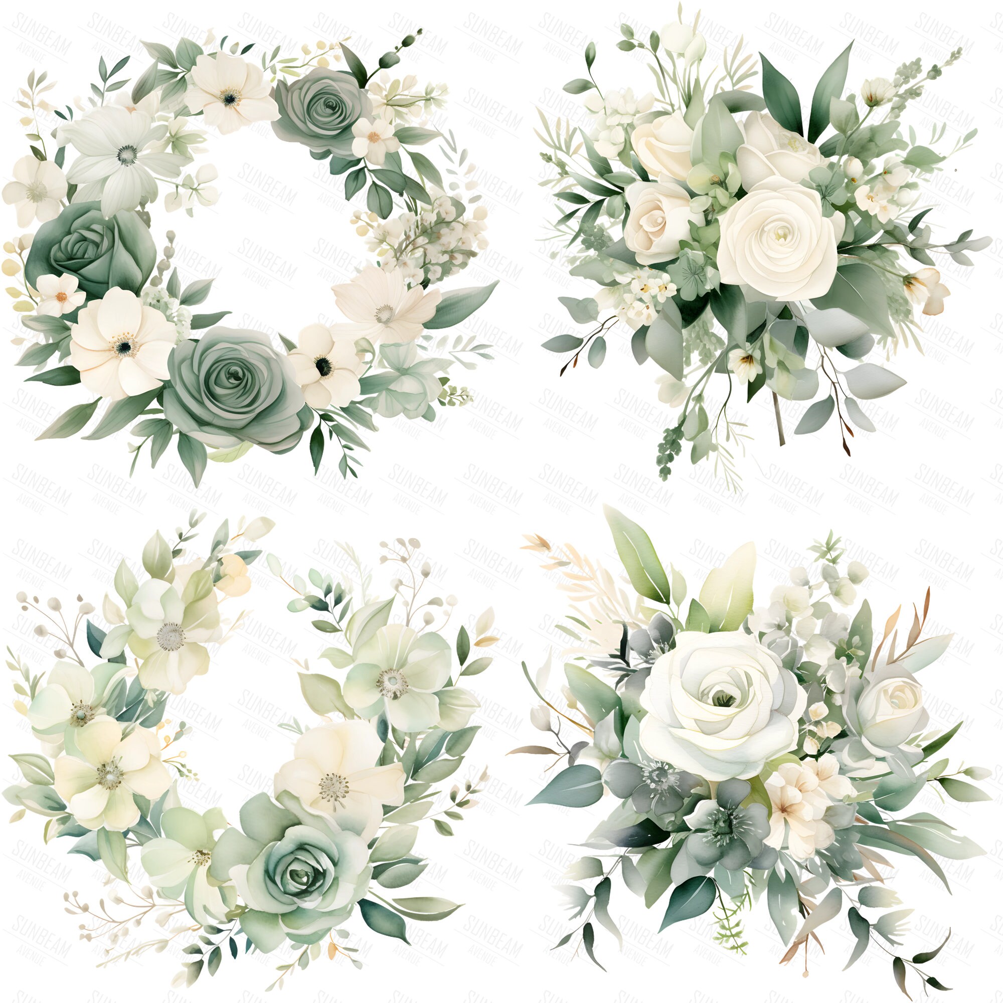 28 Sage Green and Ivory Flowers Clipart Bundle, Transparent PNG, Flower ...