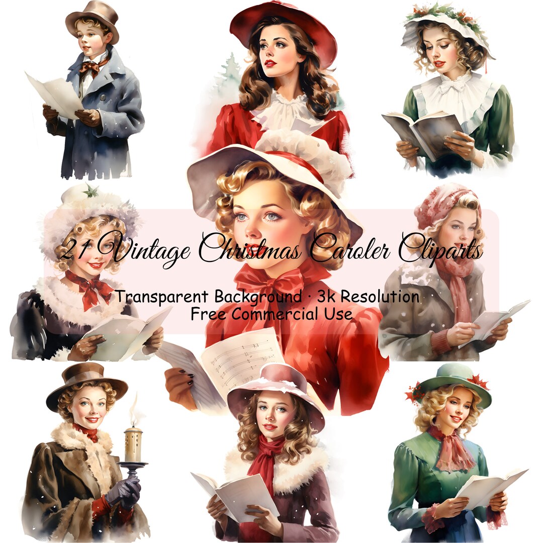 Set of 21 Vintage Christmas Caroler Watercolor Clipart Bundle ...