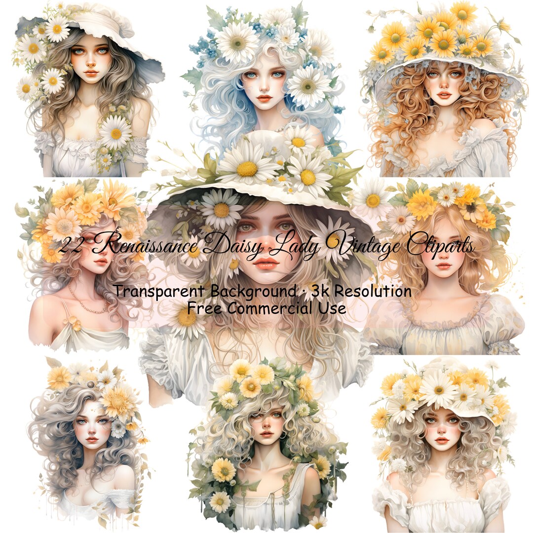 Set von 22 Renaissance Daisy Lady Vintage Aquarell Clipart Bundle ...