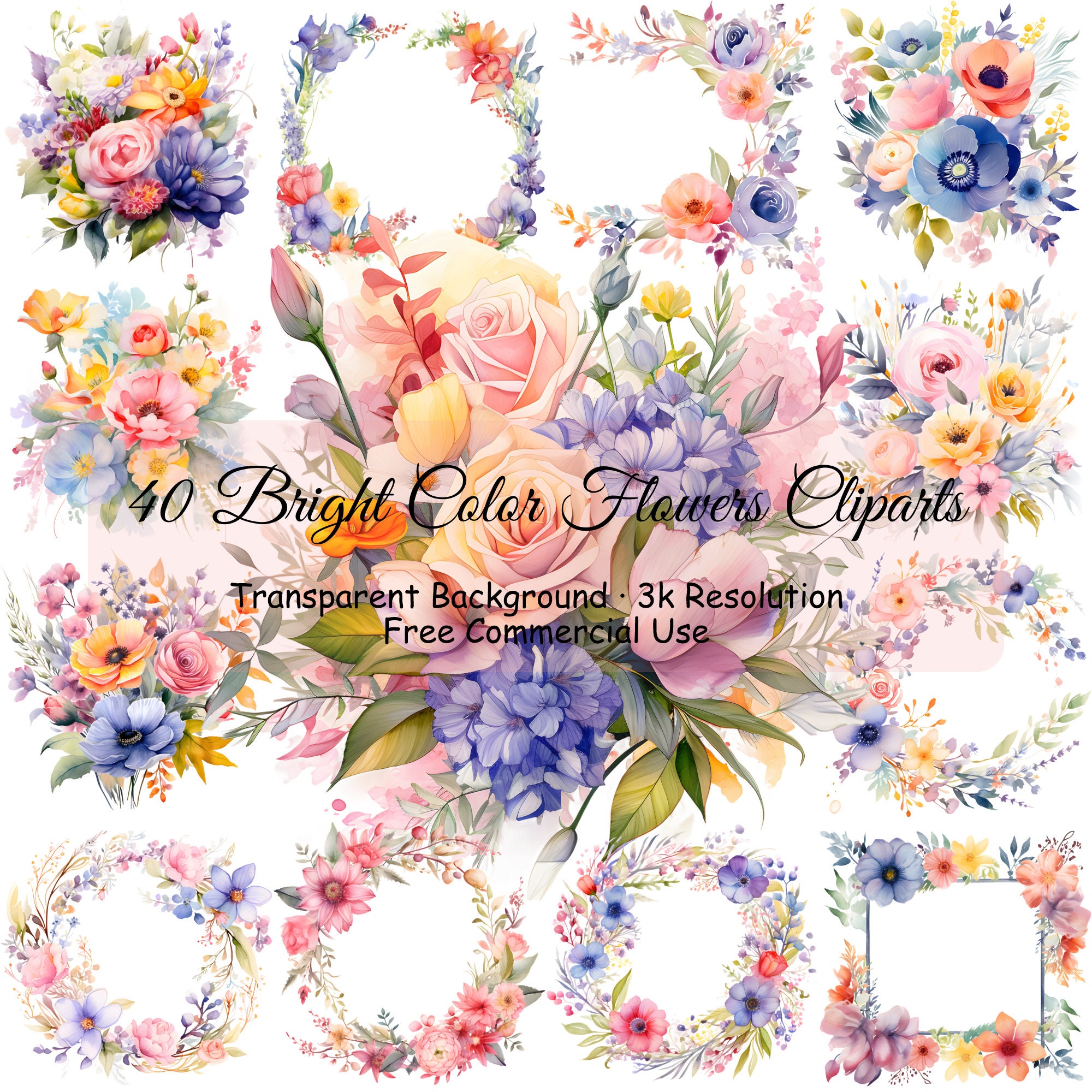 40 Bright Color Flowers Clipart Bundle, Transparent PNG, Flower ...
