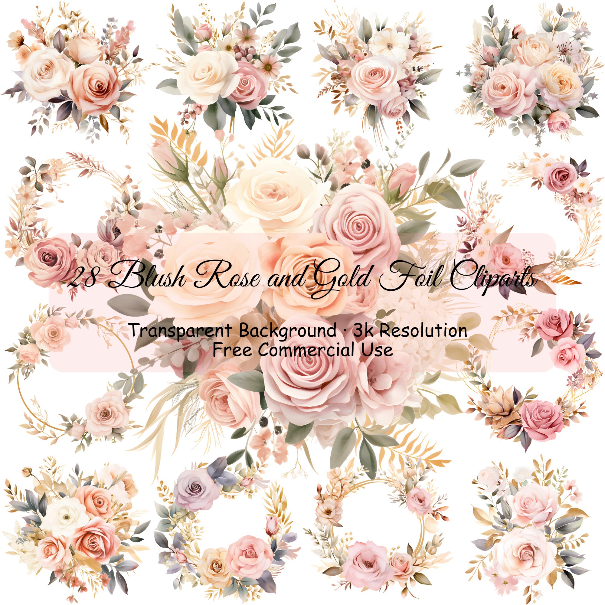 28 Blush Rose and Gold Foil Clipart Bundle, Transparent PNG, Flower ...