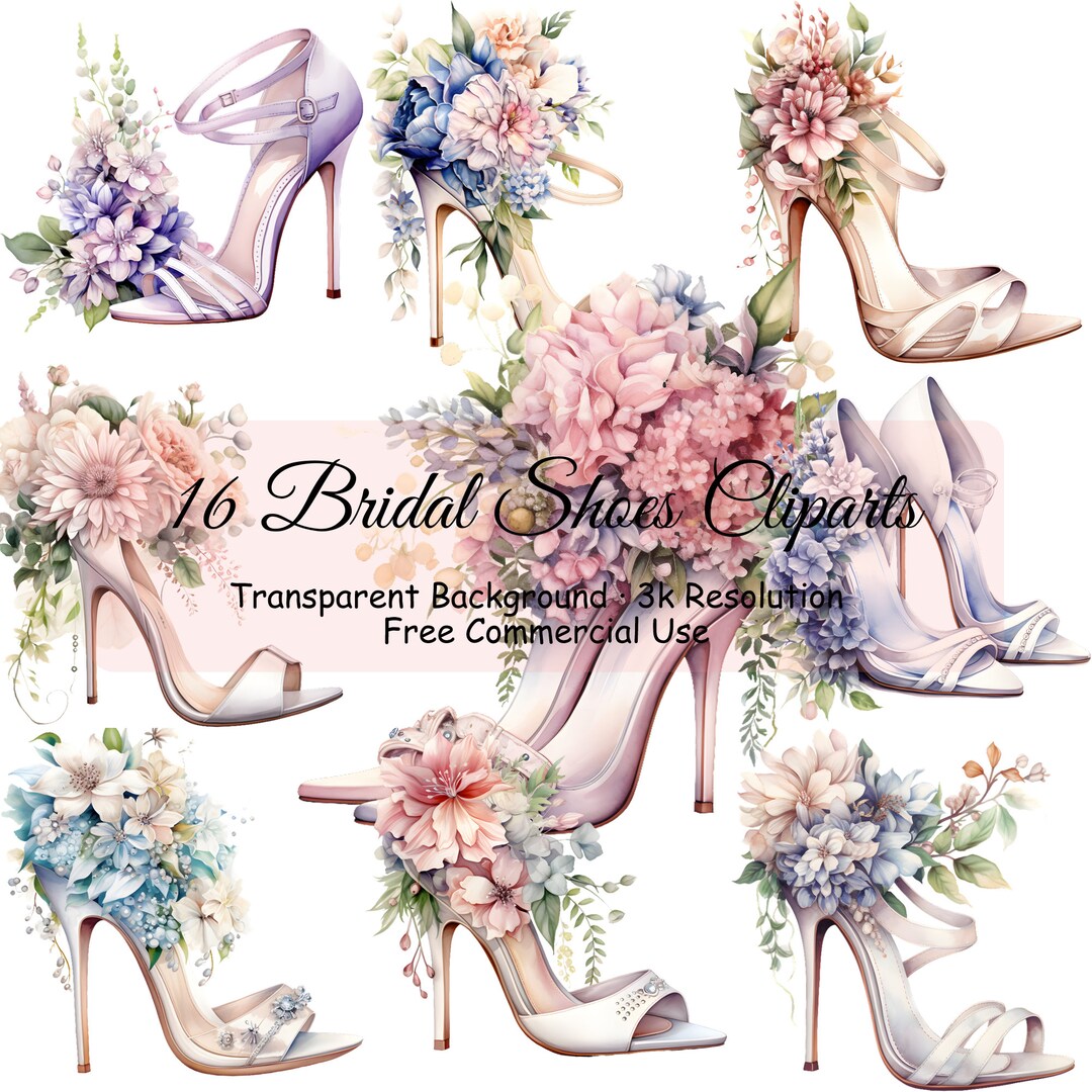 Set of 16 Bridal Shoes Flowers Watercolor Clipart Bundle, Transparent ...