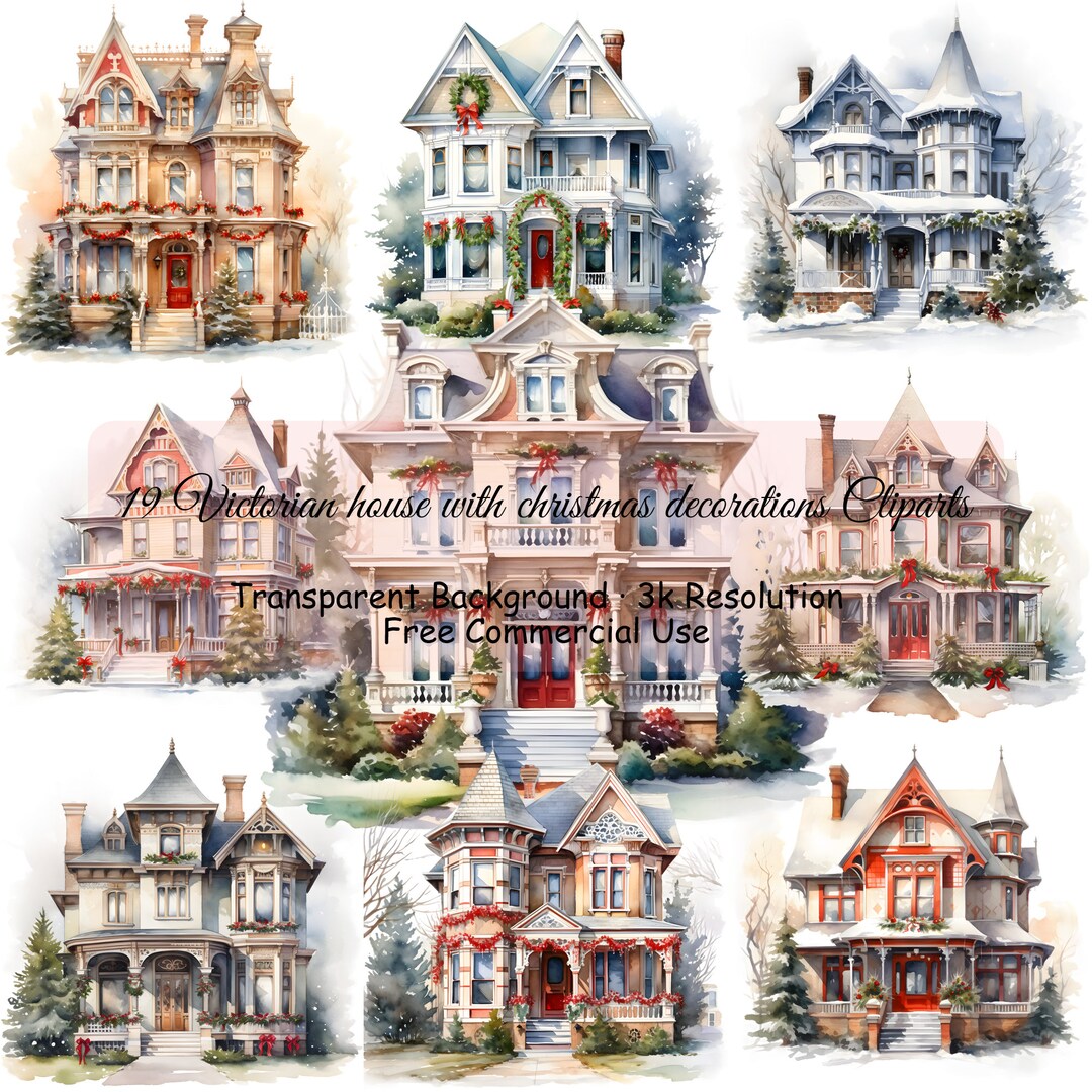 Set of 19 Christmas House Watercolor Clipart Bundle, Transparent PNG ...