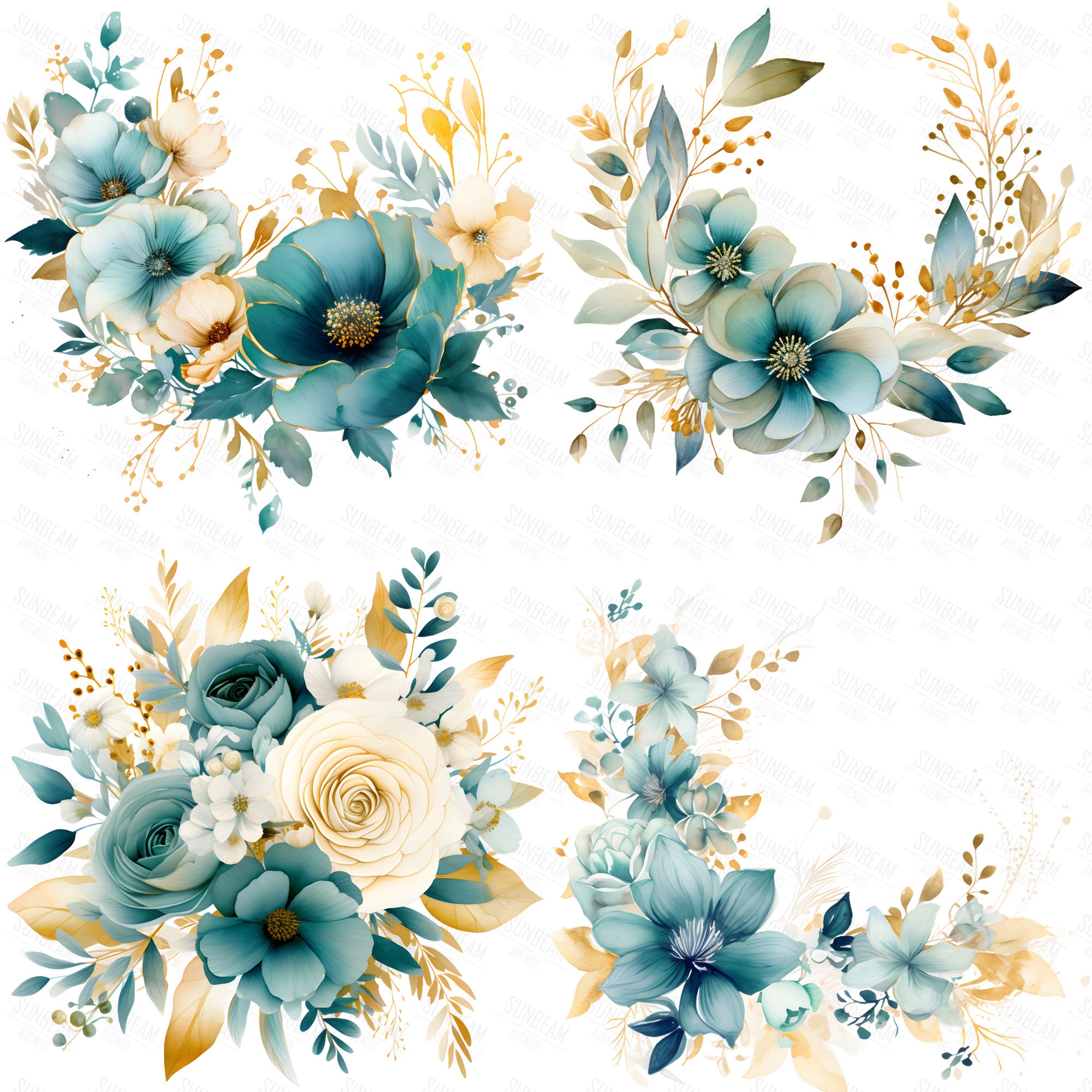 39 Teal and Gold Flowers Clipart Bundle, Transparent PNG, Flower ...