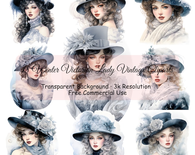 Winter Victorian Lady Vintage Watercolor Clipart Bundle, Transparent ...