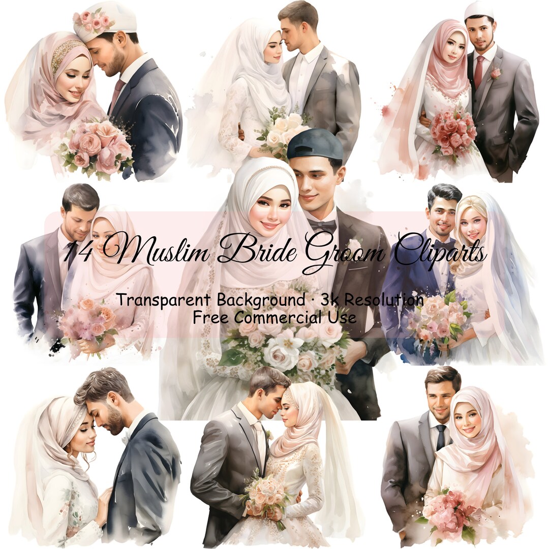 Set of 14 Muslim Bride Groom Watercolor Clipart Bundle,transparent Png ...