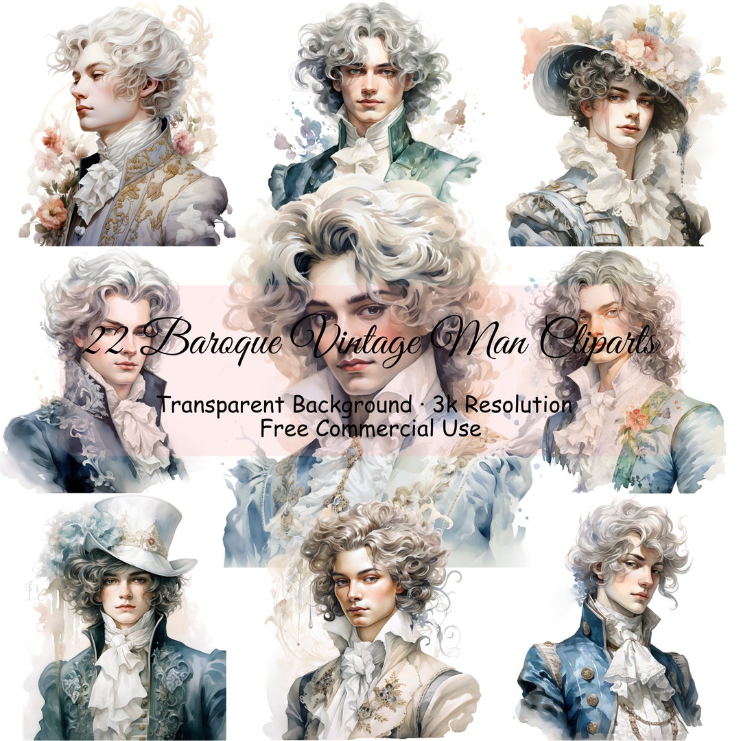 Set of 22 Baroque Vintage Man Watercolor Clipart Bundle, Transparent ...