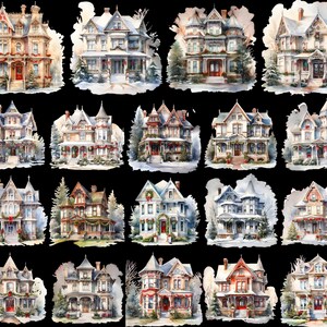 Set of 19 Christmas House Watercolor Clipart Bundle, Transparent PNG ...
