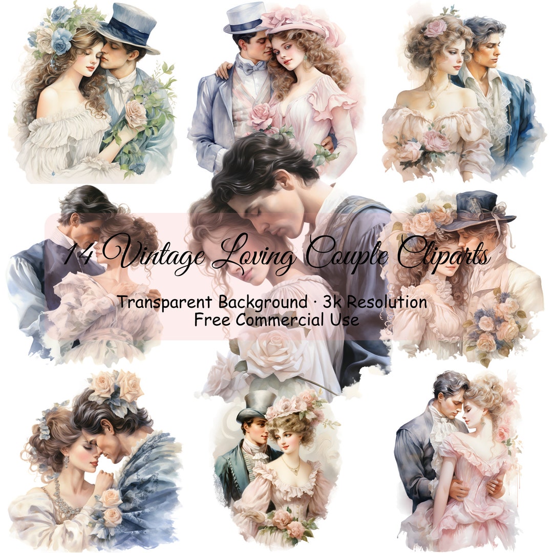 Set of 14 Vintage Loving Couple Watercolor Clipart Bundle, Transparent ...