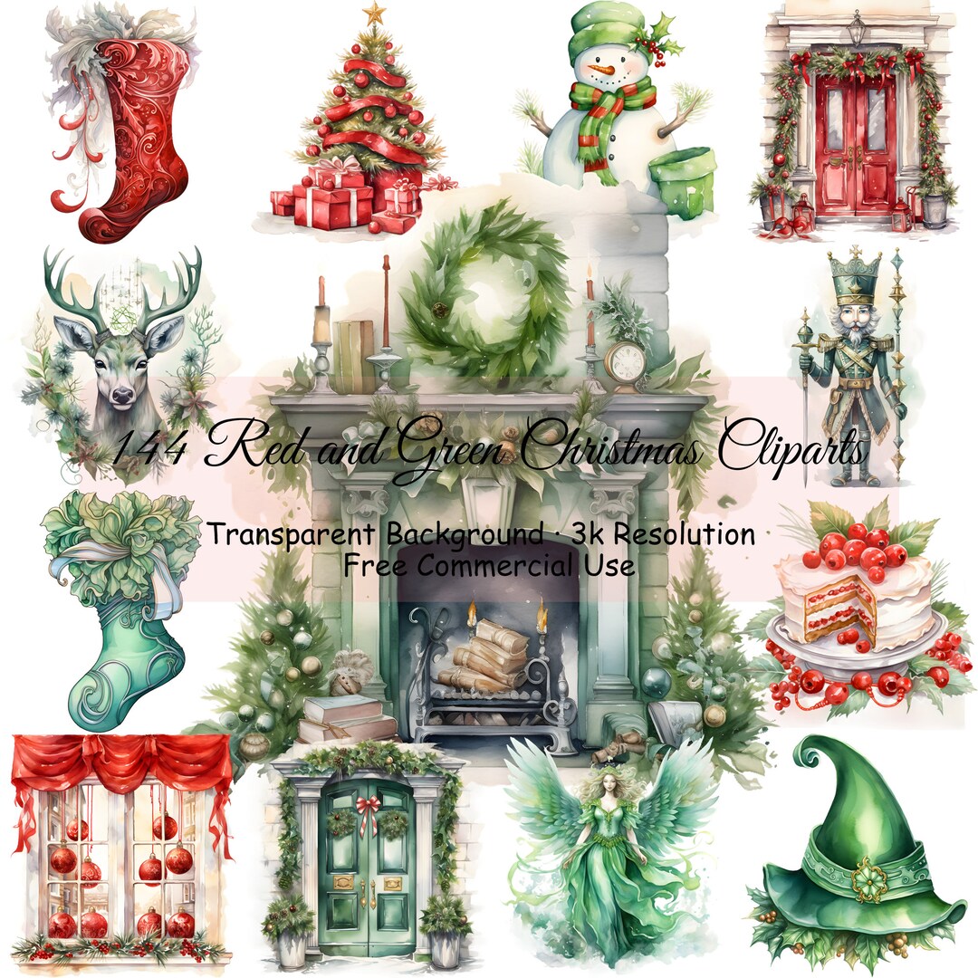 Set of 144 Red and Green Christmas Clipart Watercolor Bundle ...
