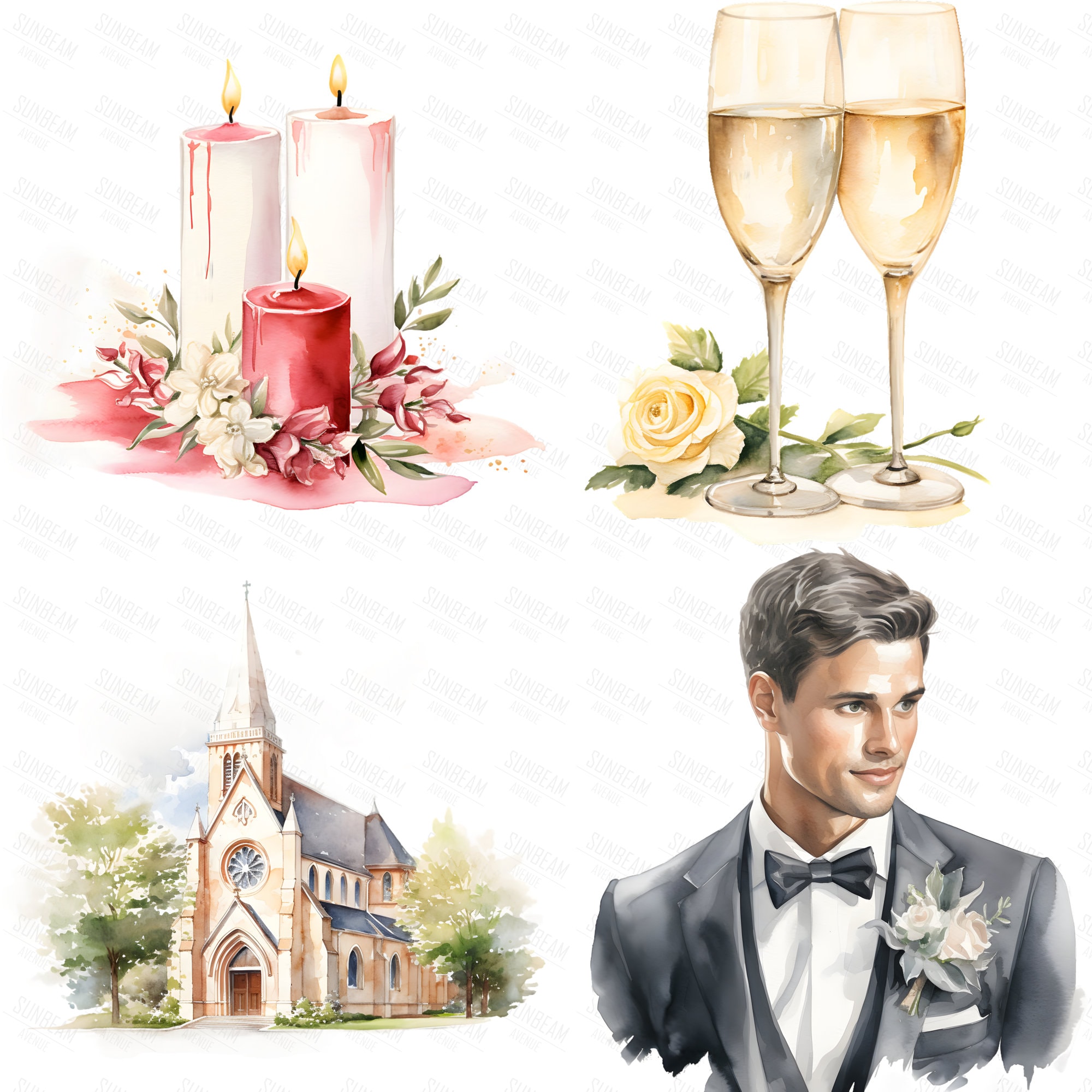 Set of 61 Wedding Clipart Bundle Watercolor, Transparent PNG, Scrapbook ...