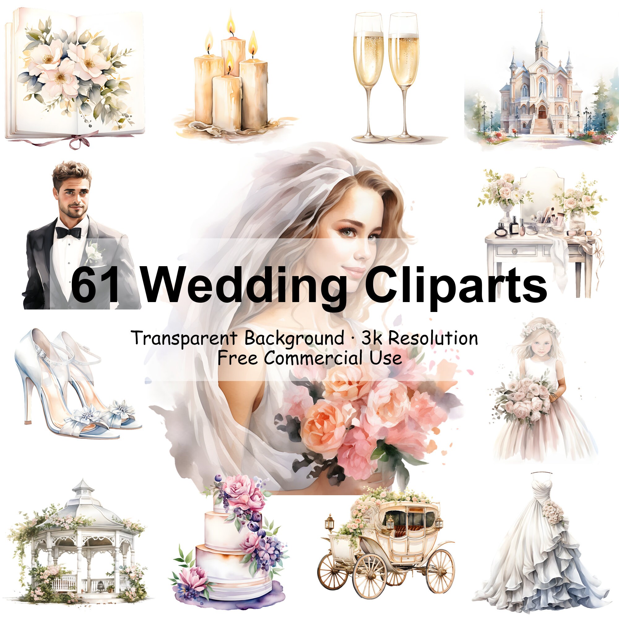 Set of 61 Wedding Clipart Bundle Watercolor Transparent PNG - Etsy
