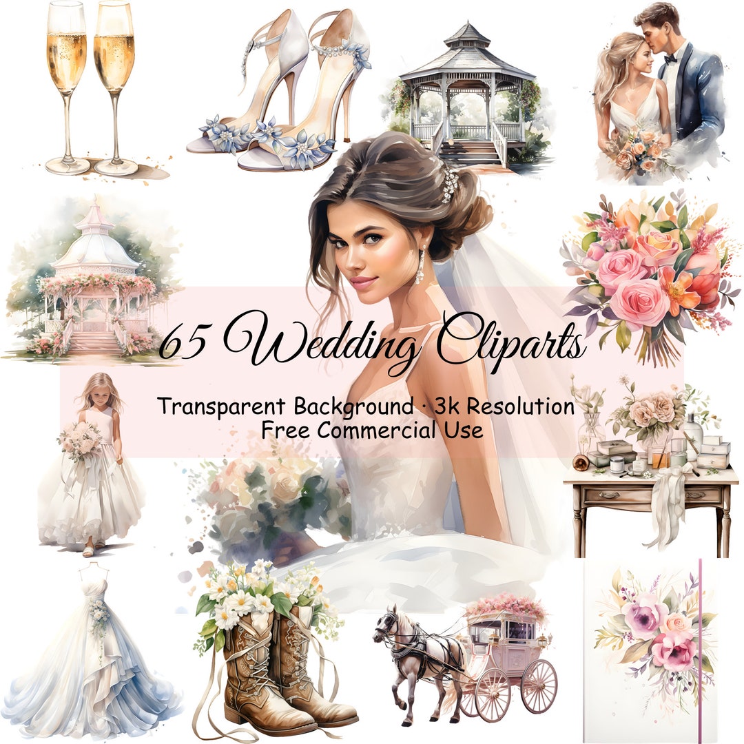 Set of 65 Watercolor Wedding Clipart Bundle, Transparent PNG, Just ...