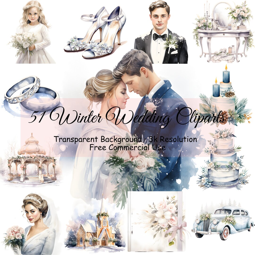 Set of 51 Winter Wedding Day Clipart Bundle Watercolor, Transparent PNG ...