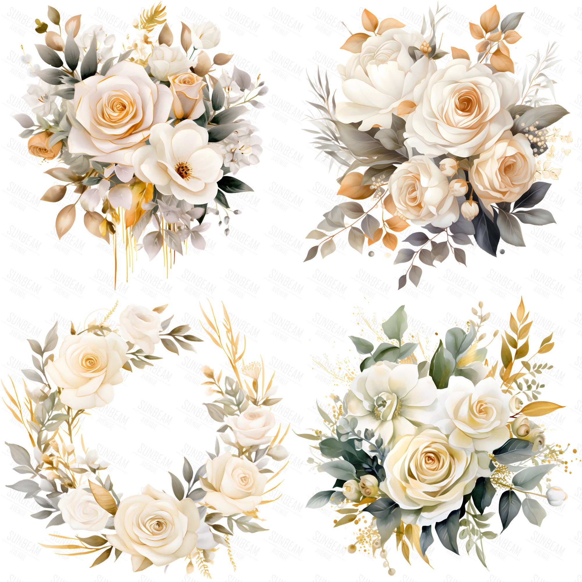 31 White and Gold Rose Clipart Bundle, Transparent PNG, Flower Bouquets ...