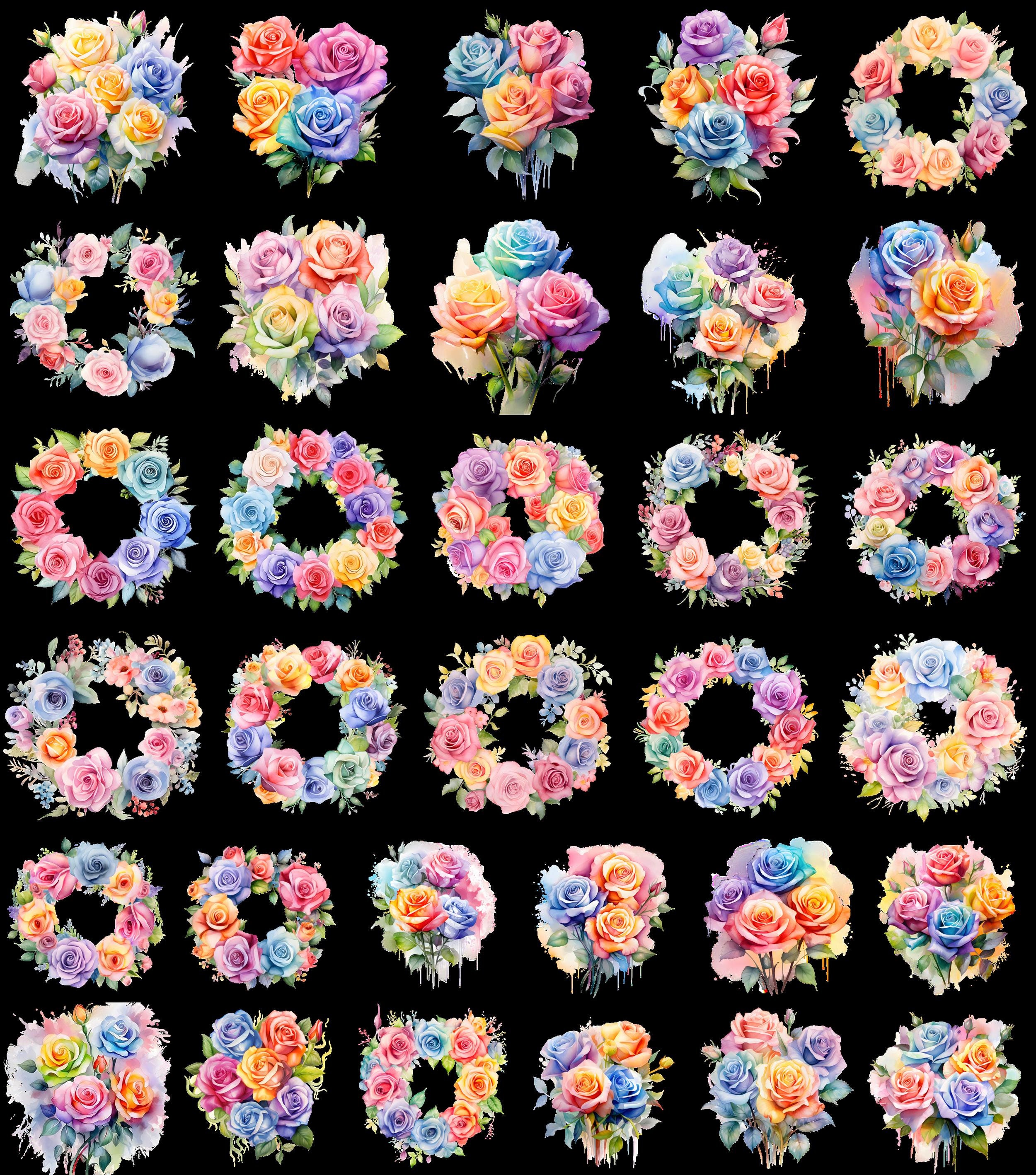 32 Rainbow Roses Flowers Clipart Bundle, Transparent PNG, Flower ...