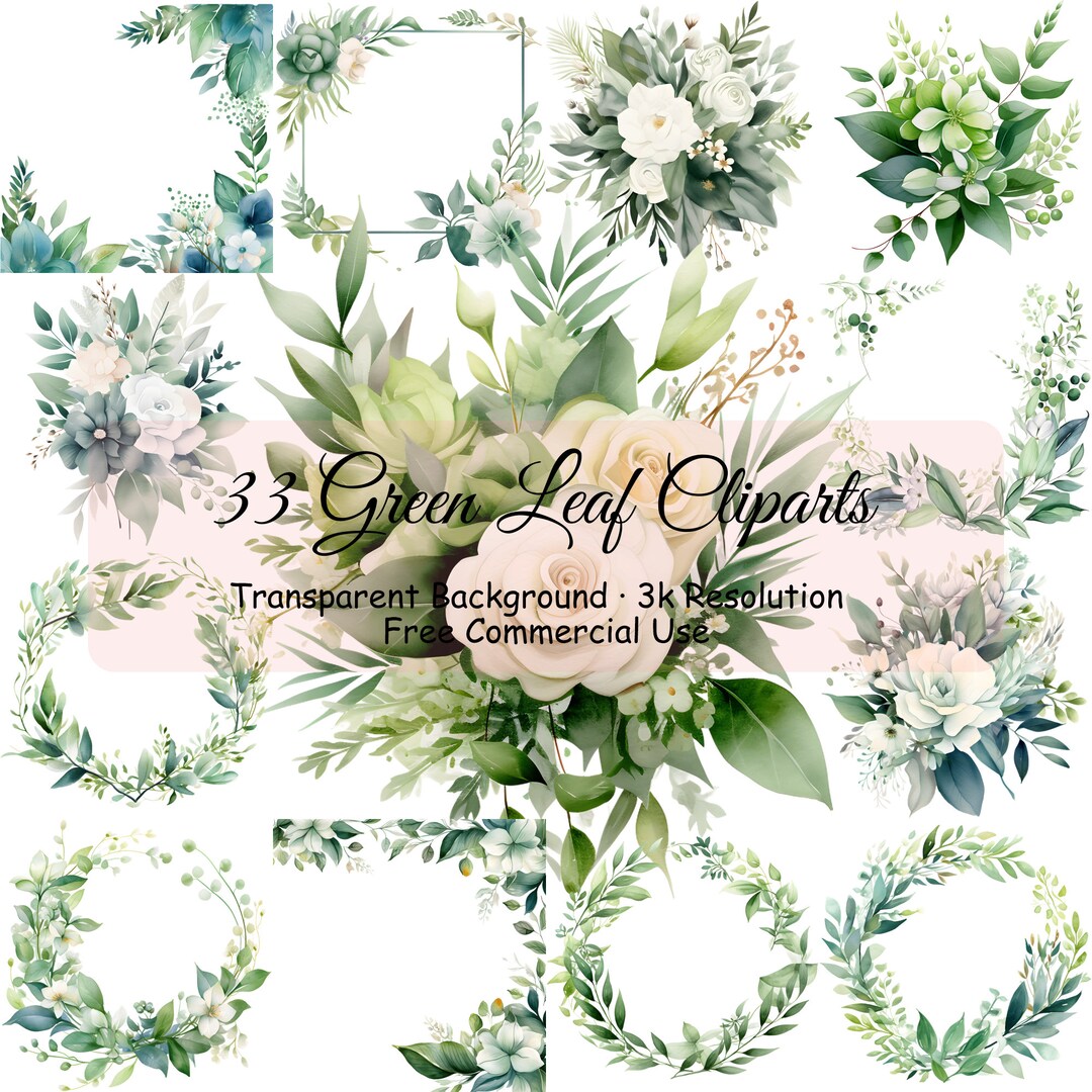 33 Green Leaf Clipart Bundle, Transparent PNG, Flower Bouquets, Flower ...