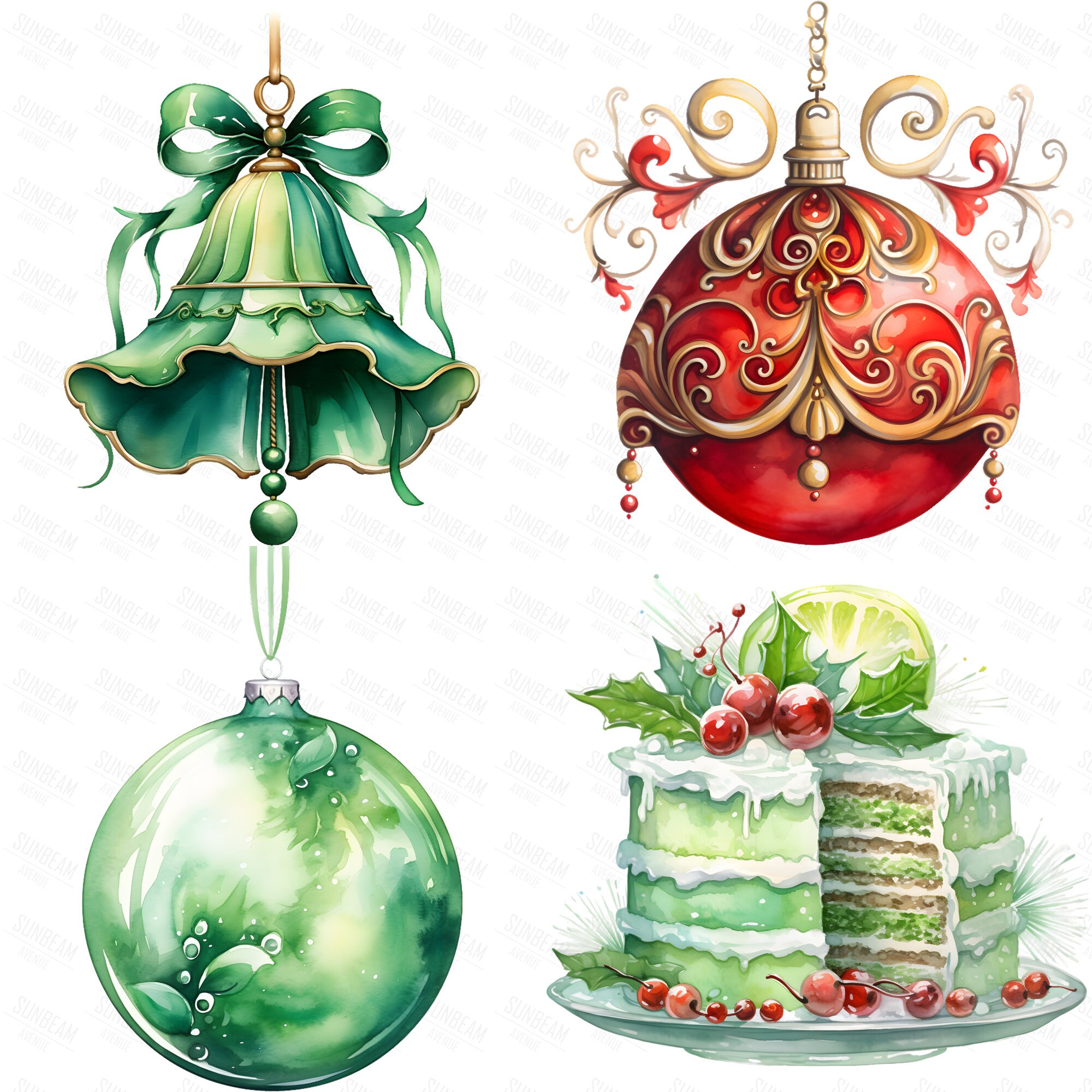 Set of 144 Red and Green Christmas Clipart Watercolor Bundle ...