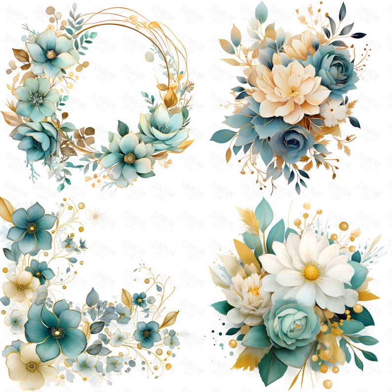 39 Teal and Gold Flowers Clipart Bundle, Transparent PNG, Flower ...