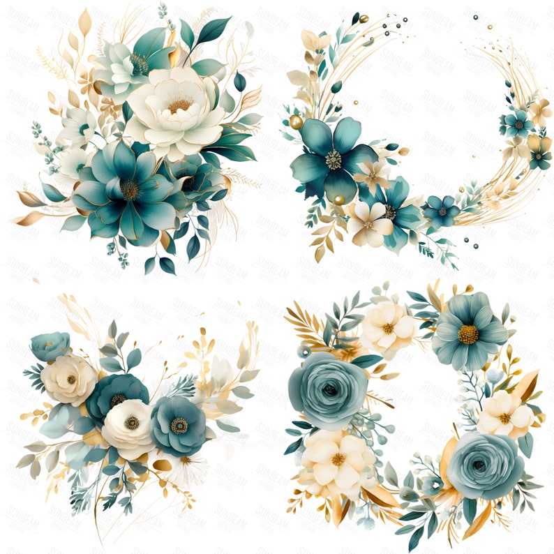 39 Teal and Gold Flowers Clipart Bundle, Transparent PNG, Flower ...