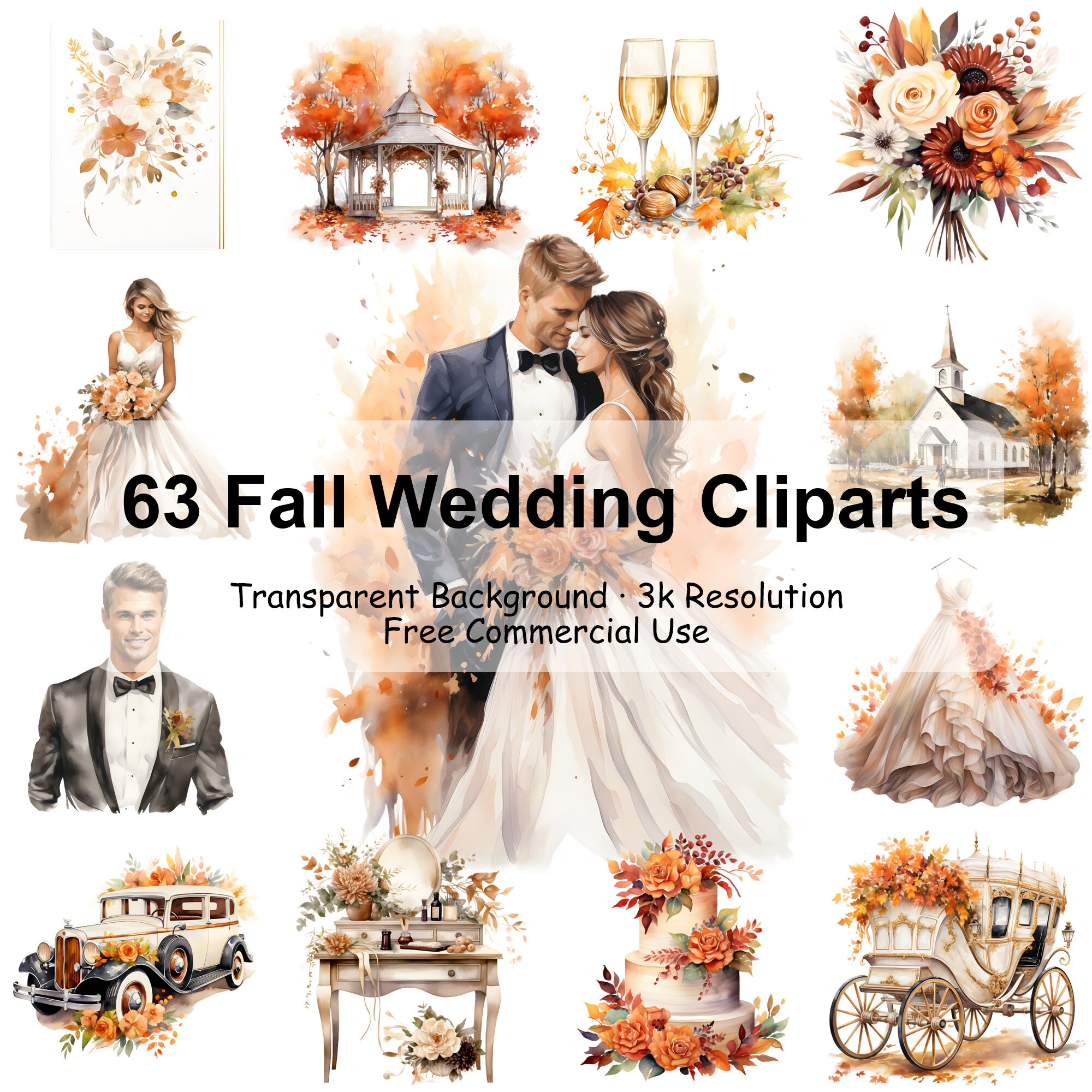 Set of 63 Fall Wedding Clipart Bundle Watercolor Transparent - Etsy