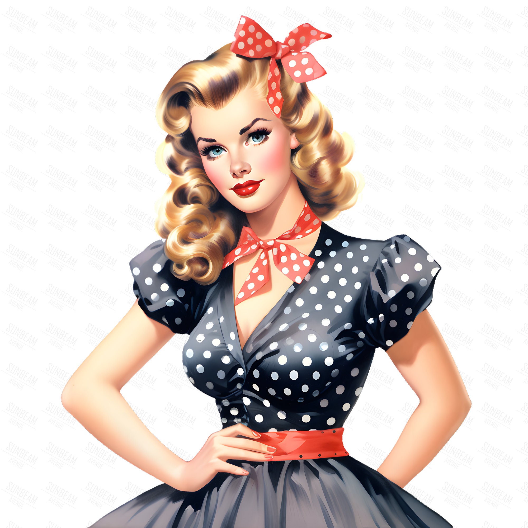 Set of 10 Polka Dot Pin up Girls Watercolor Clipart Bundle, Transparent ...